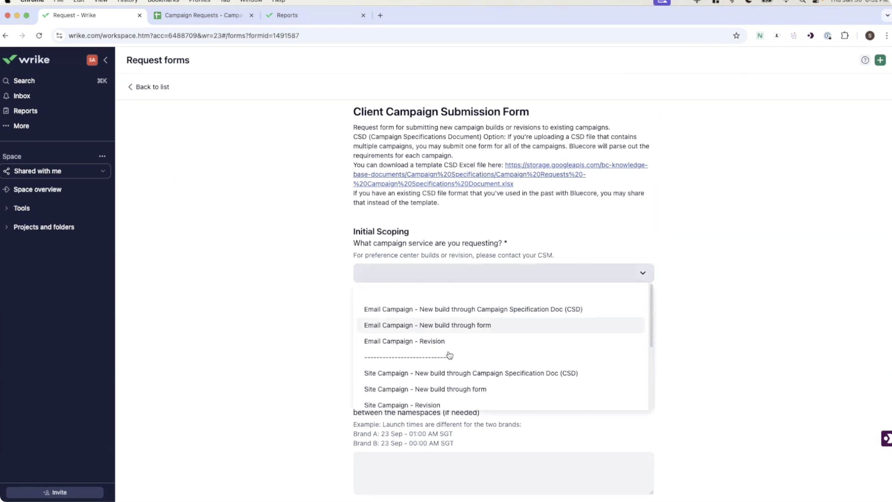 How to use Wrike to submit Bluecore Campaign Request forms